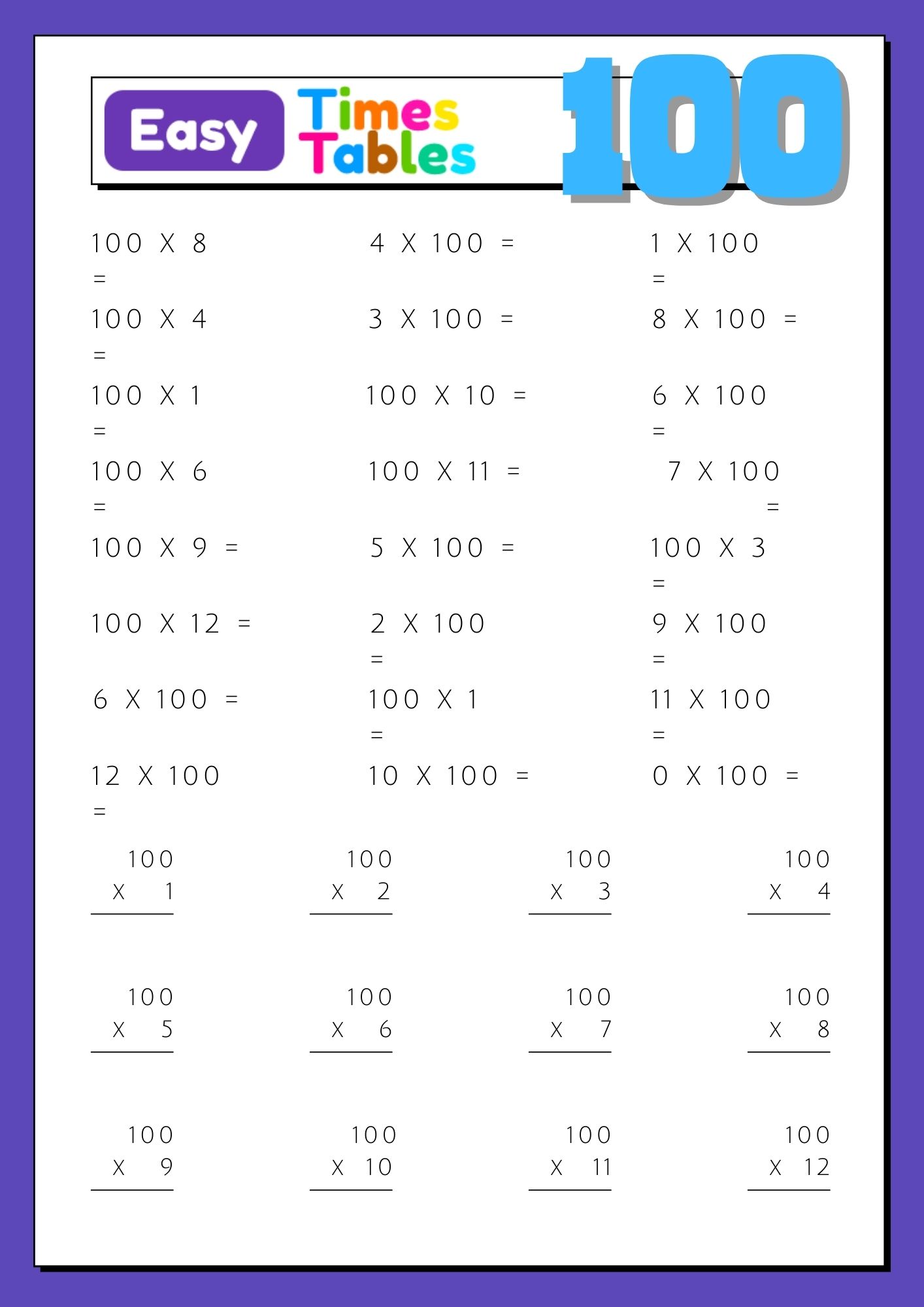 100 Times table - Multiplication table of 100 for children