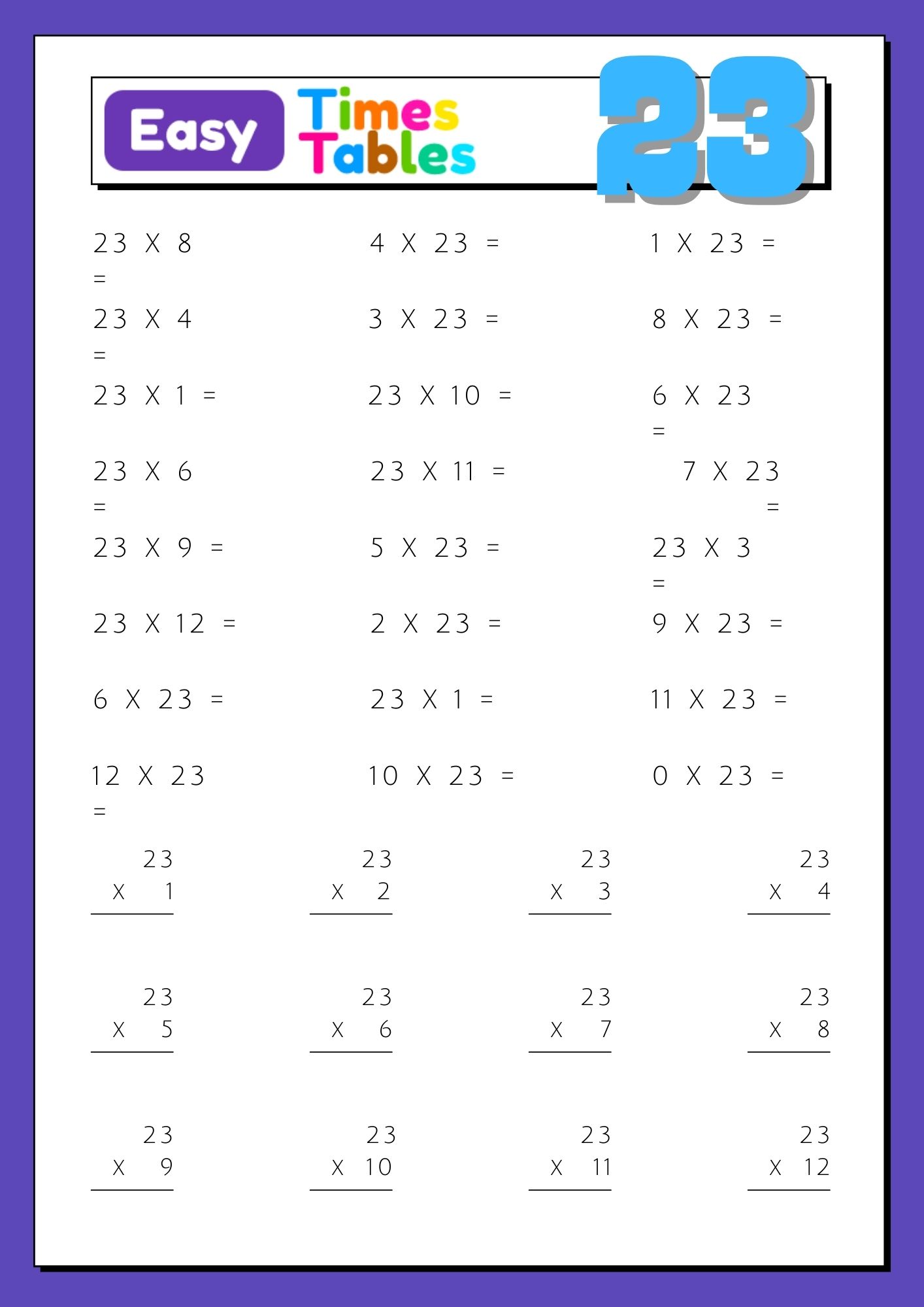 23 Times table - Multiplication table of 23 for children