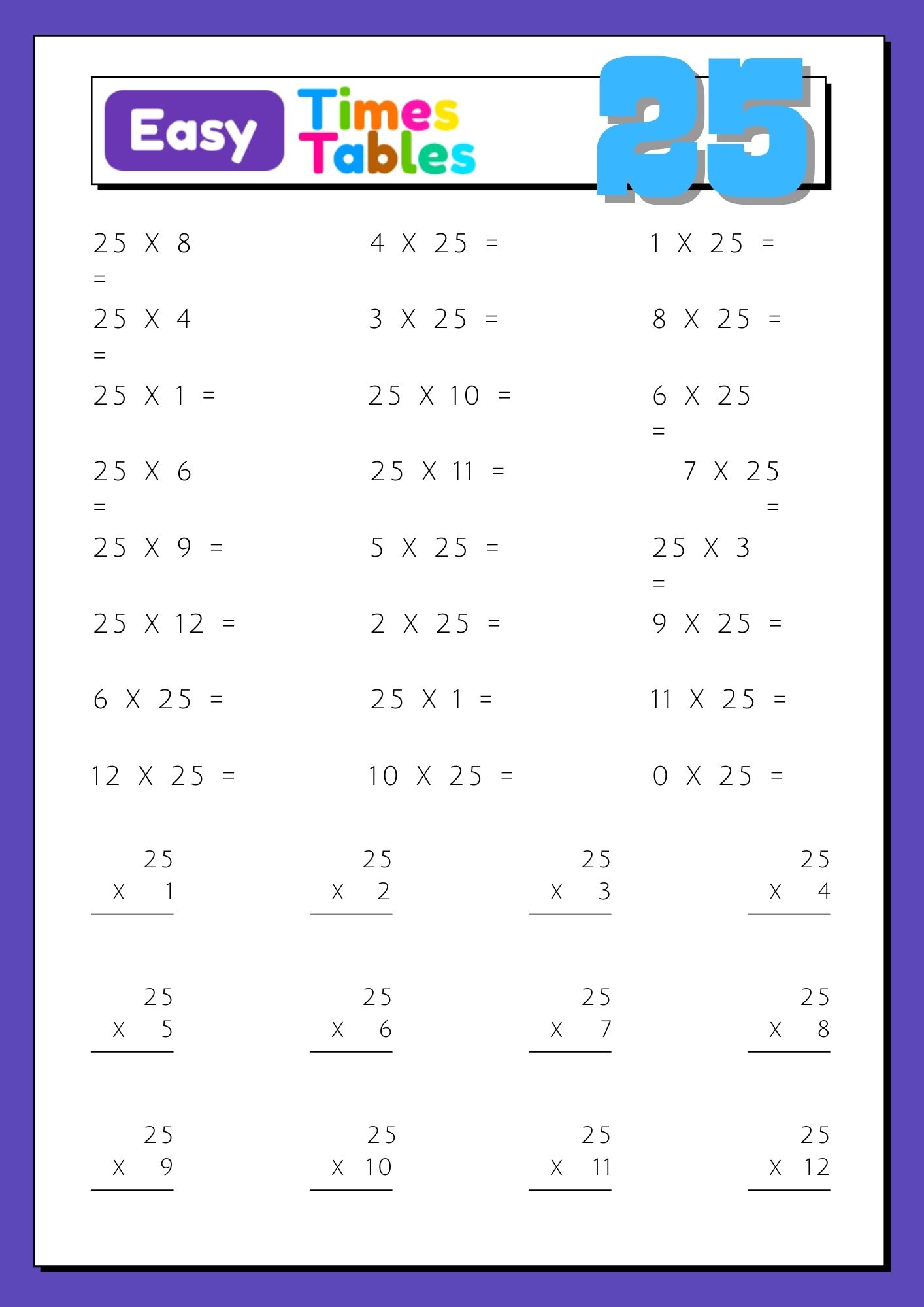 25 Times table - Multiplication table of 25 for children