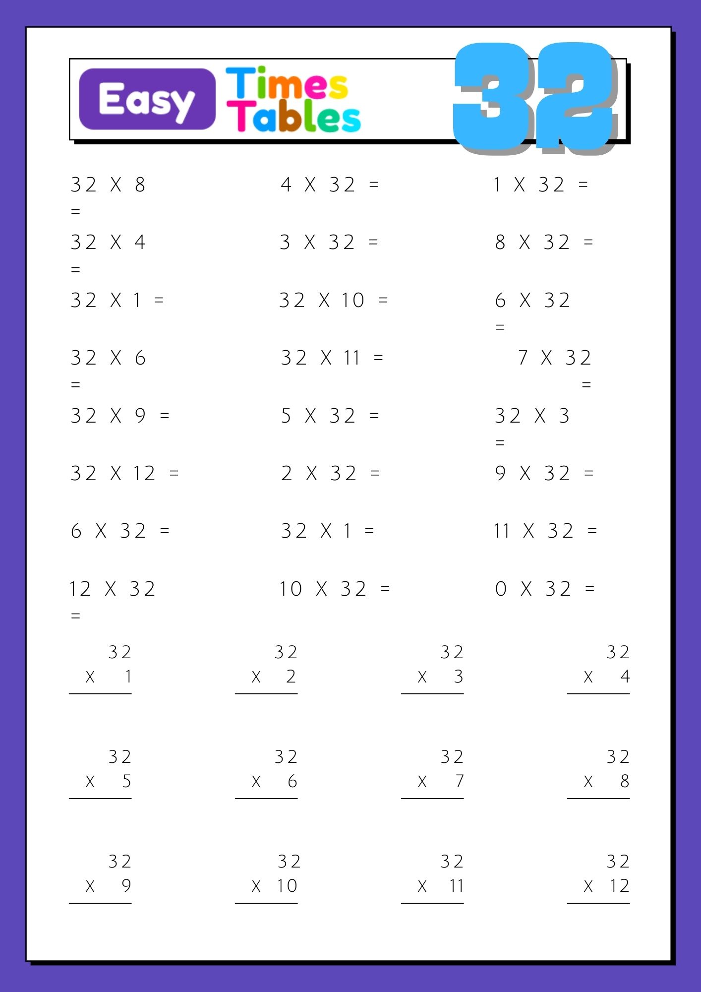 32 Times table - Multiplication table of 32 for children