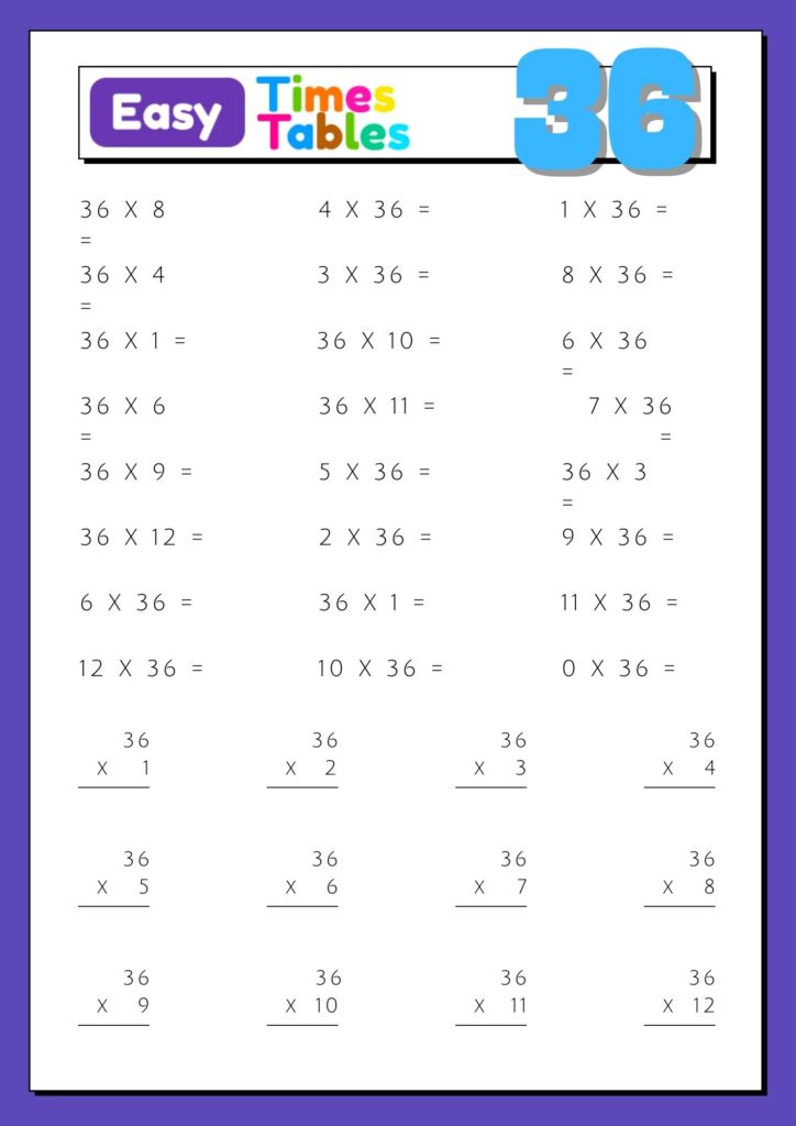36 Times table - Multiplication table of 36 for children