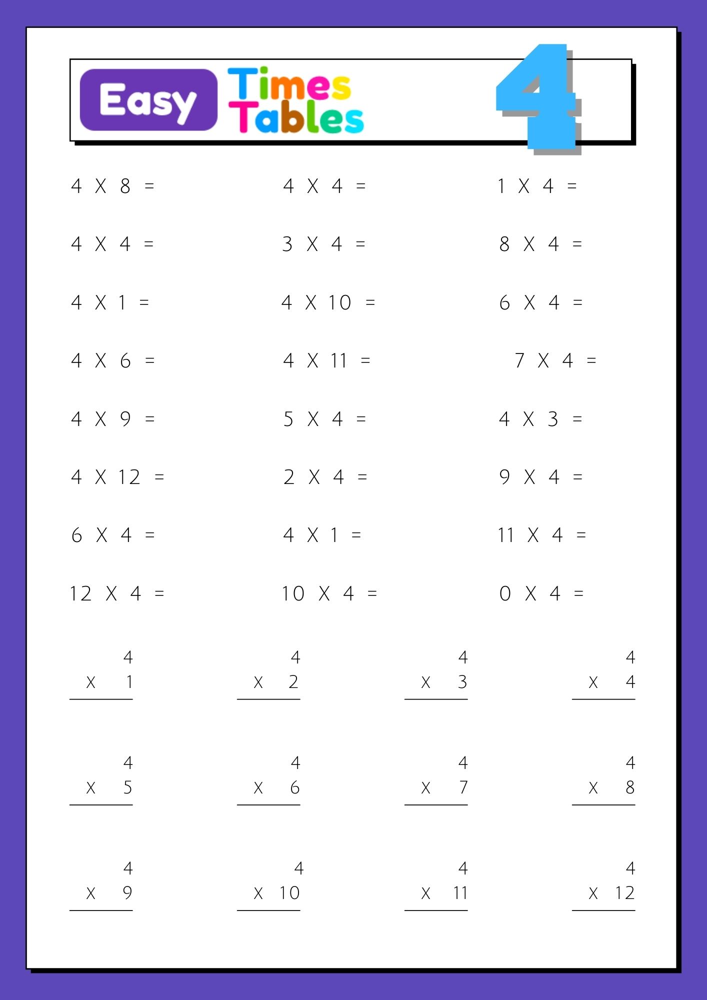 4 Times table - Multiplication table of 4 for children