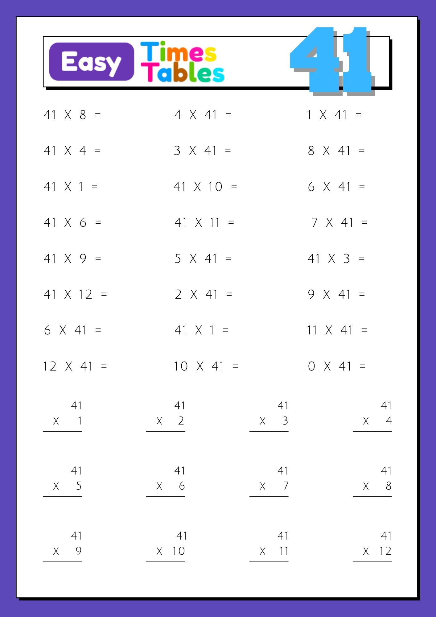 41 Times table - Multiplication table of 41 for children