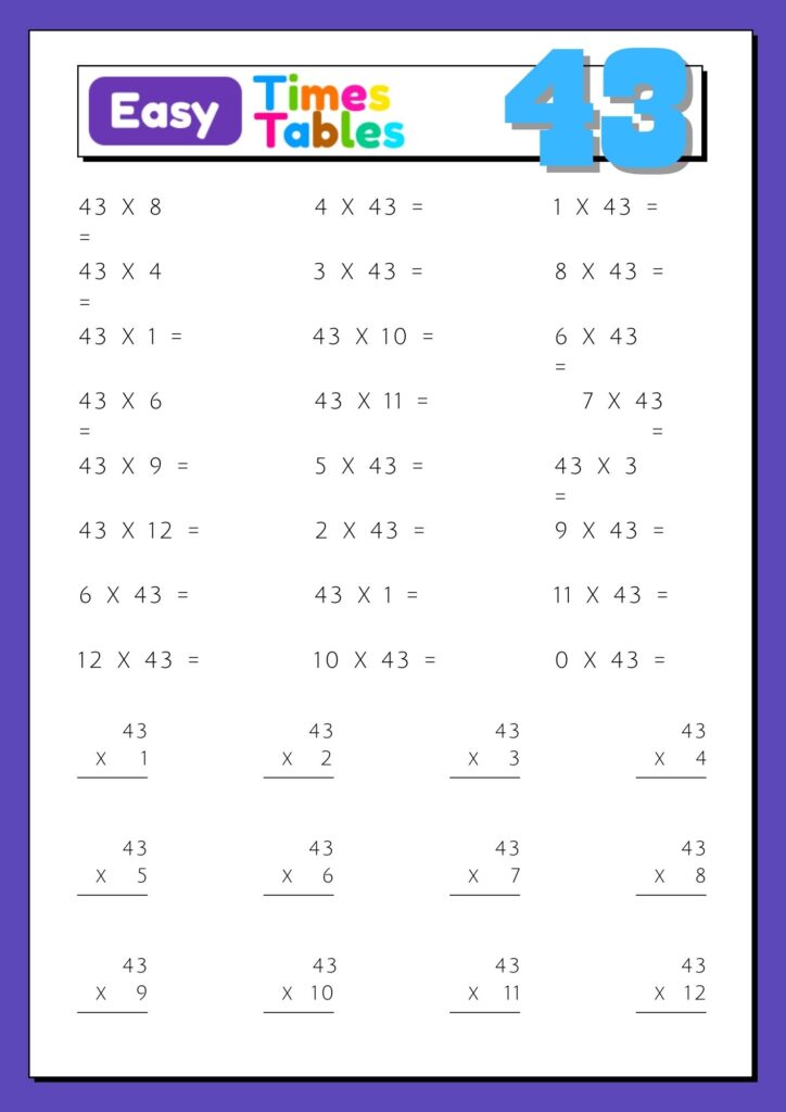 43 Times table - Multiplication table of 43 for children
