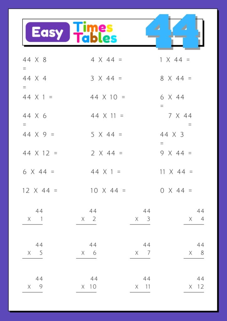 44 Times table - Multiplication table of 44 for children
