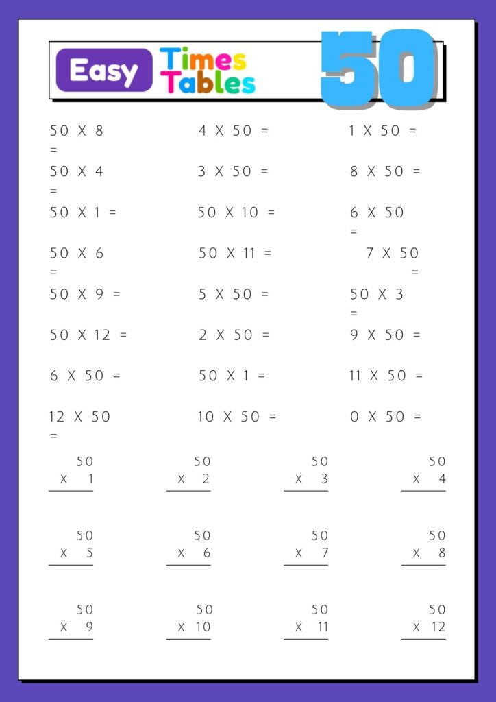 50 Times table - Multiplication table of 50 for children