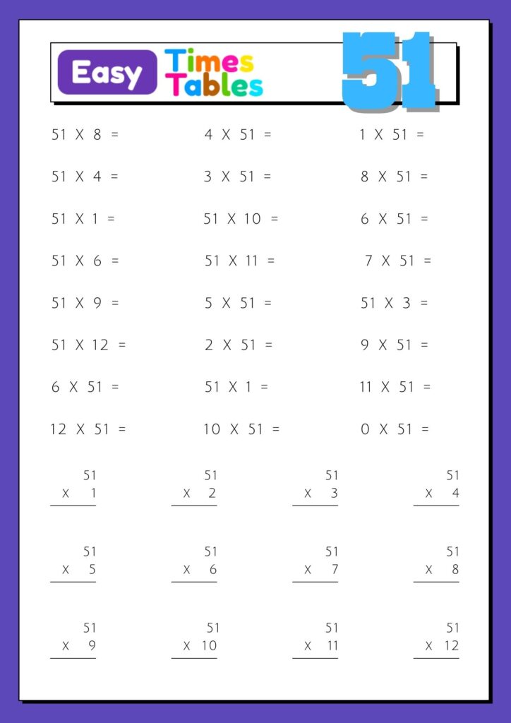 51 Times table - Multiplication table of 51 for children