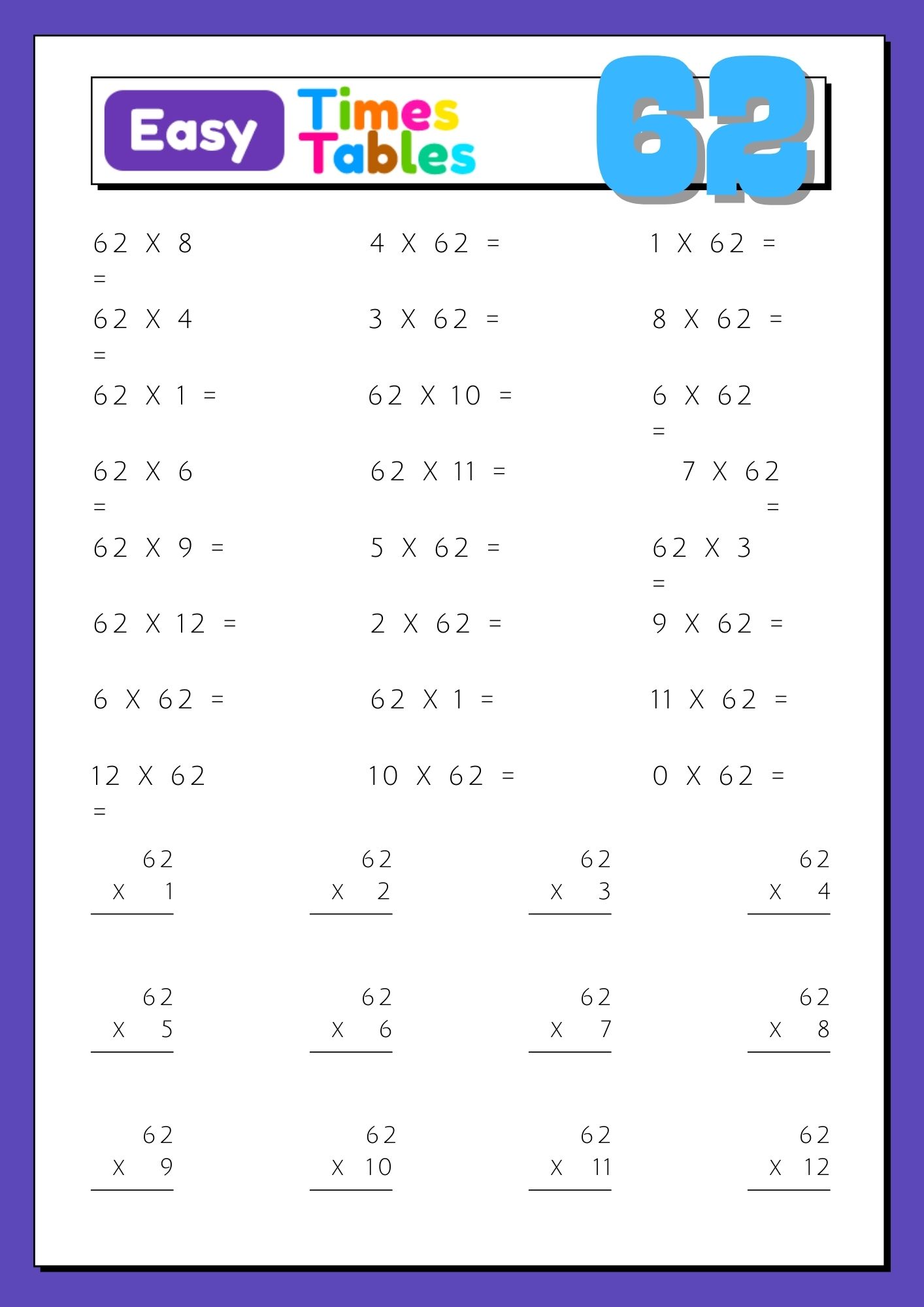62 Times table - Multiplication table of 62 for children