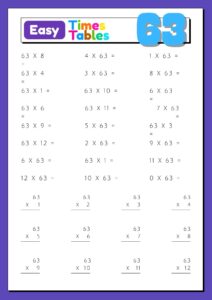 63 Times table - Multiplication table of 63 for children