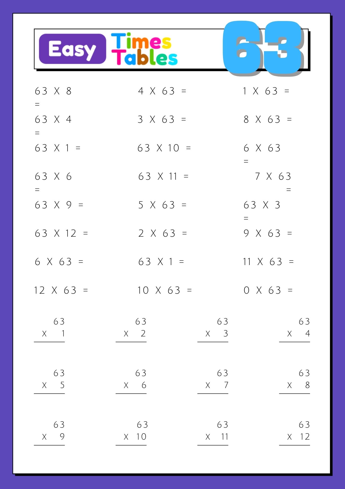 63 Times table - Multiplication table of 63 for children