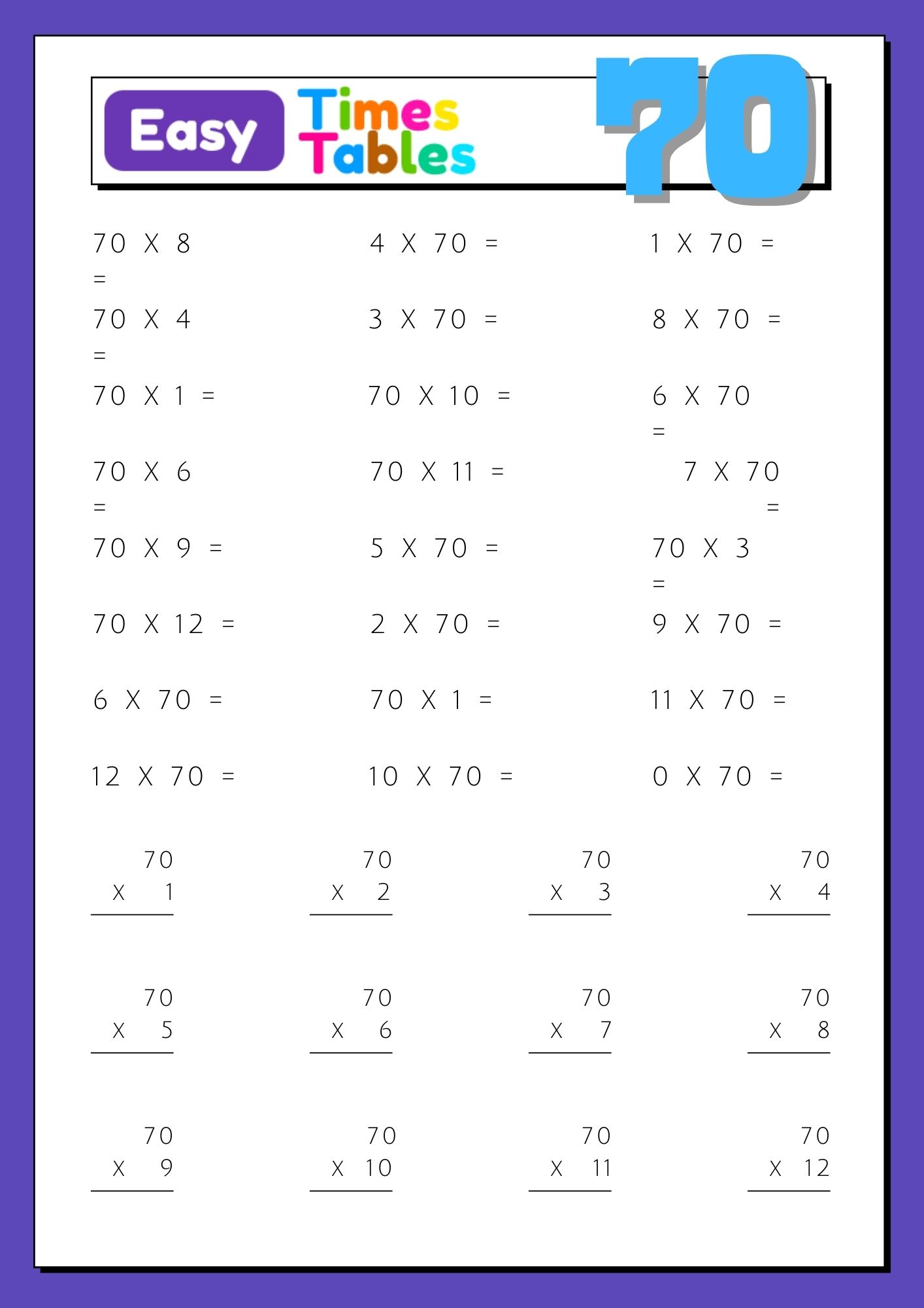 70 Times table - Multiplication table of 70 for children