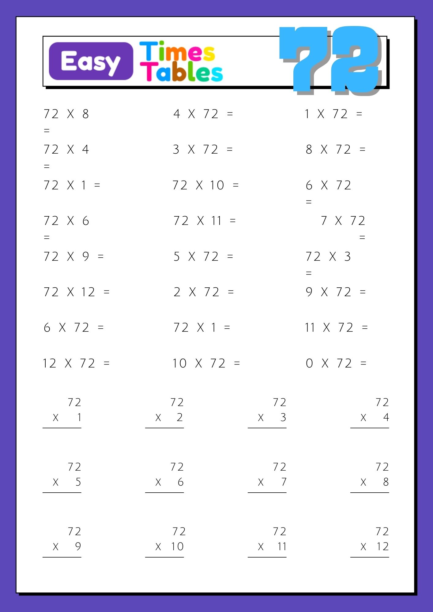 72 Times table - Multiplication table of 72 for children