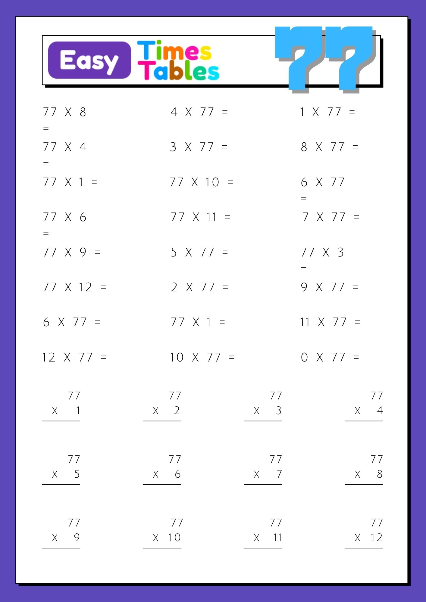 77 Times table - Multiplication table of 77 for children