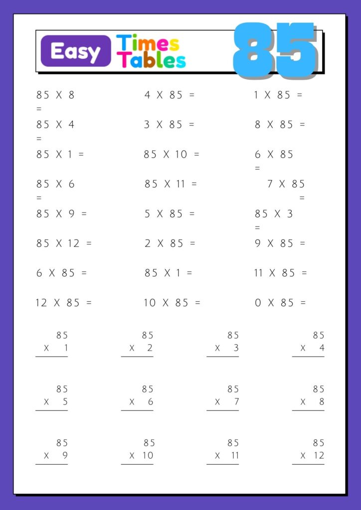 85 Times table - Multiplication table of 85 for children
